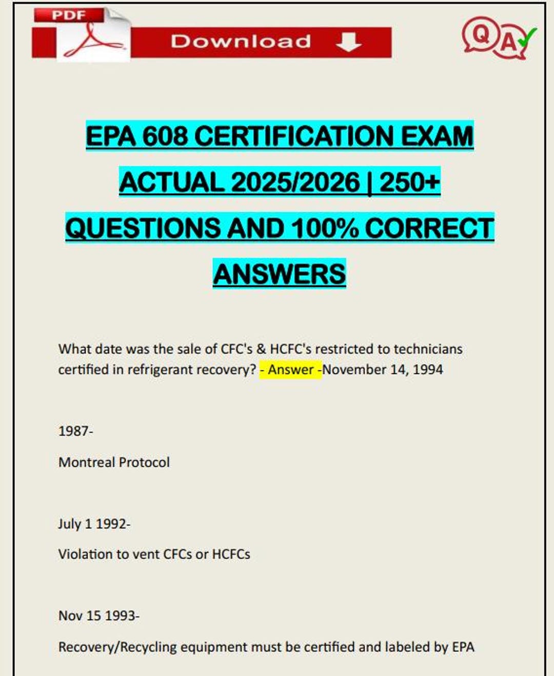 Epa 608 Certification Exam Actual 2025/2026 | 250+ Questions and 100% ...