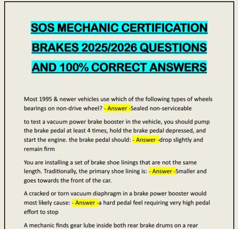 SOS Mechanic Certification Brakes 2025/2026 Update Questions and 100% ...