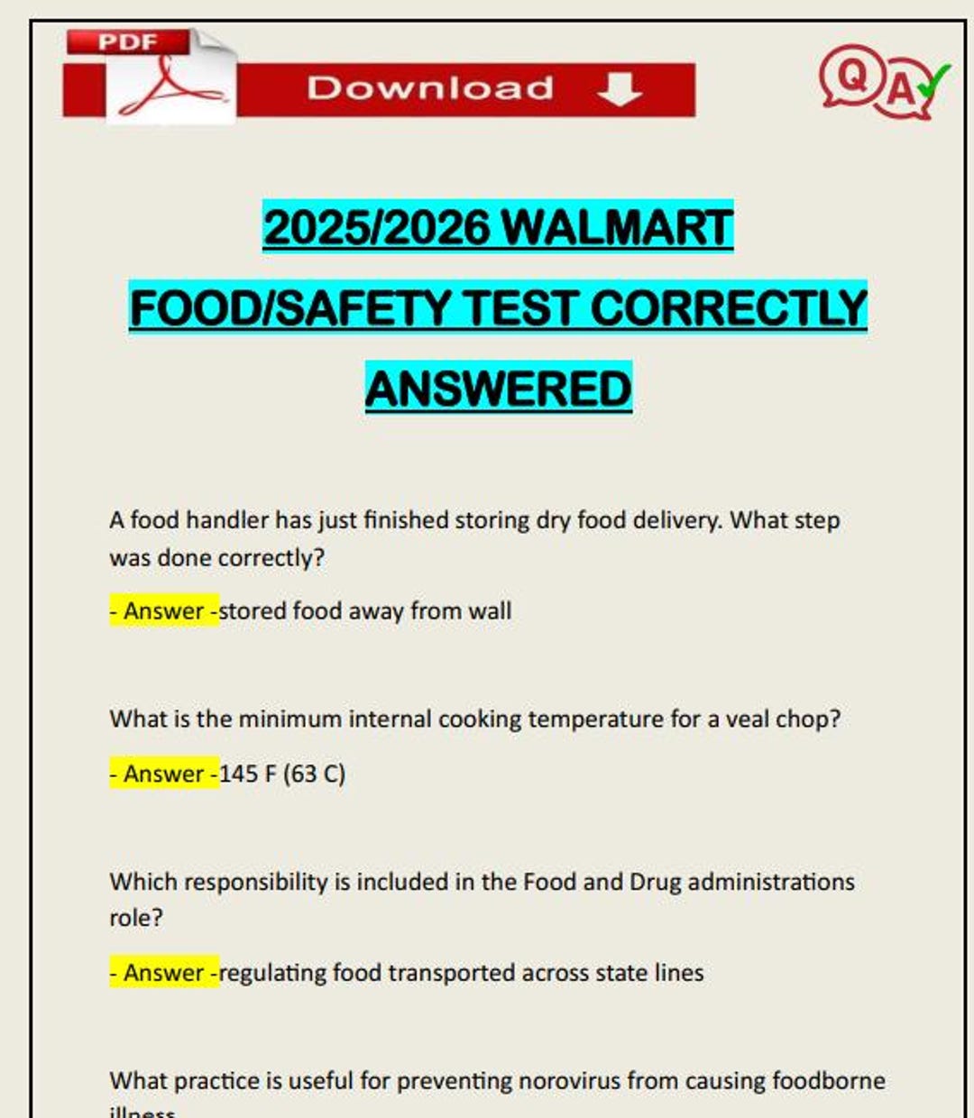 2025/2026 Walmart Food/safety Test Correctly Answered PDF - Etsy