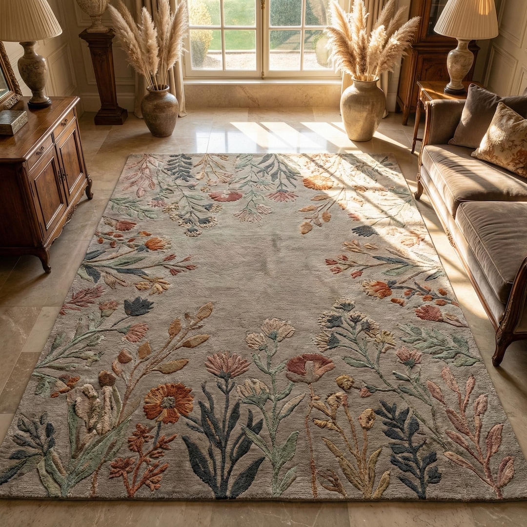 Elegant Botanical Hand Tufted Rug | Garden Inspired Wool Area Rug ...
