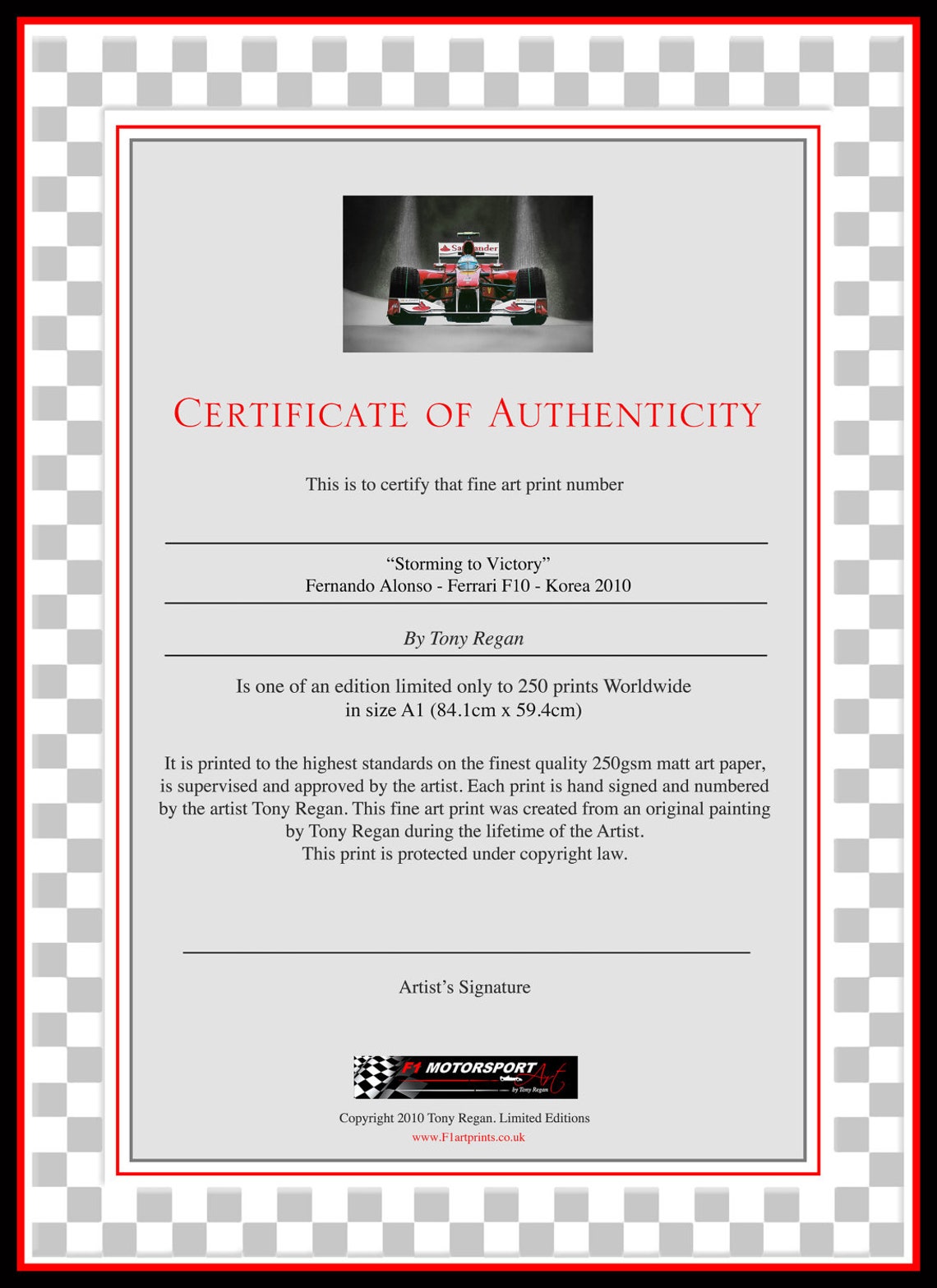 Fernando Alonso Ferrari F10 Limited Edition Art Print From an Original ...