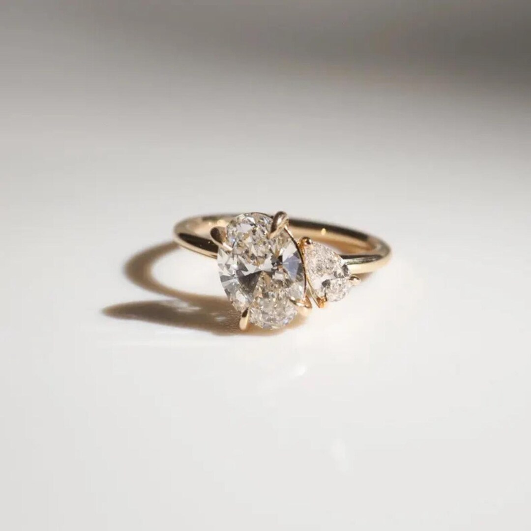 Toi Et Moi Oval & Tilted Pear Cut Moissanite Proposal Ring Solid Yellow ...
