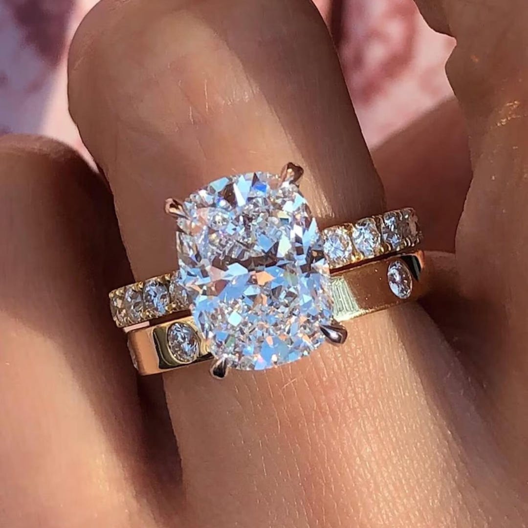 Elongated Cushion Cut Moissanite Wedding Bridal Ring Set Solid Gold ...