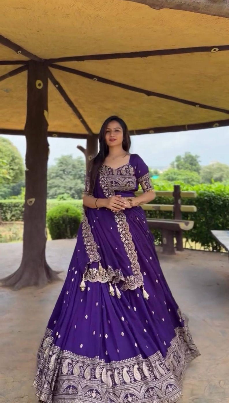 Purple Embroidered Lehenga Choli: Indian Wedding Outfit, Sequins Work ...