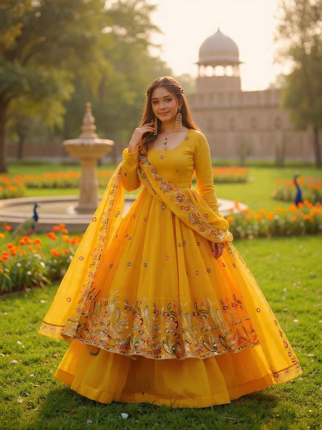 Yellow Anarkali Lehenga Gown With Dupatta | Floral Embroidered Indian ...