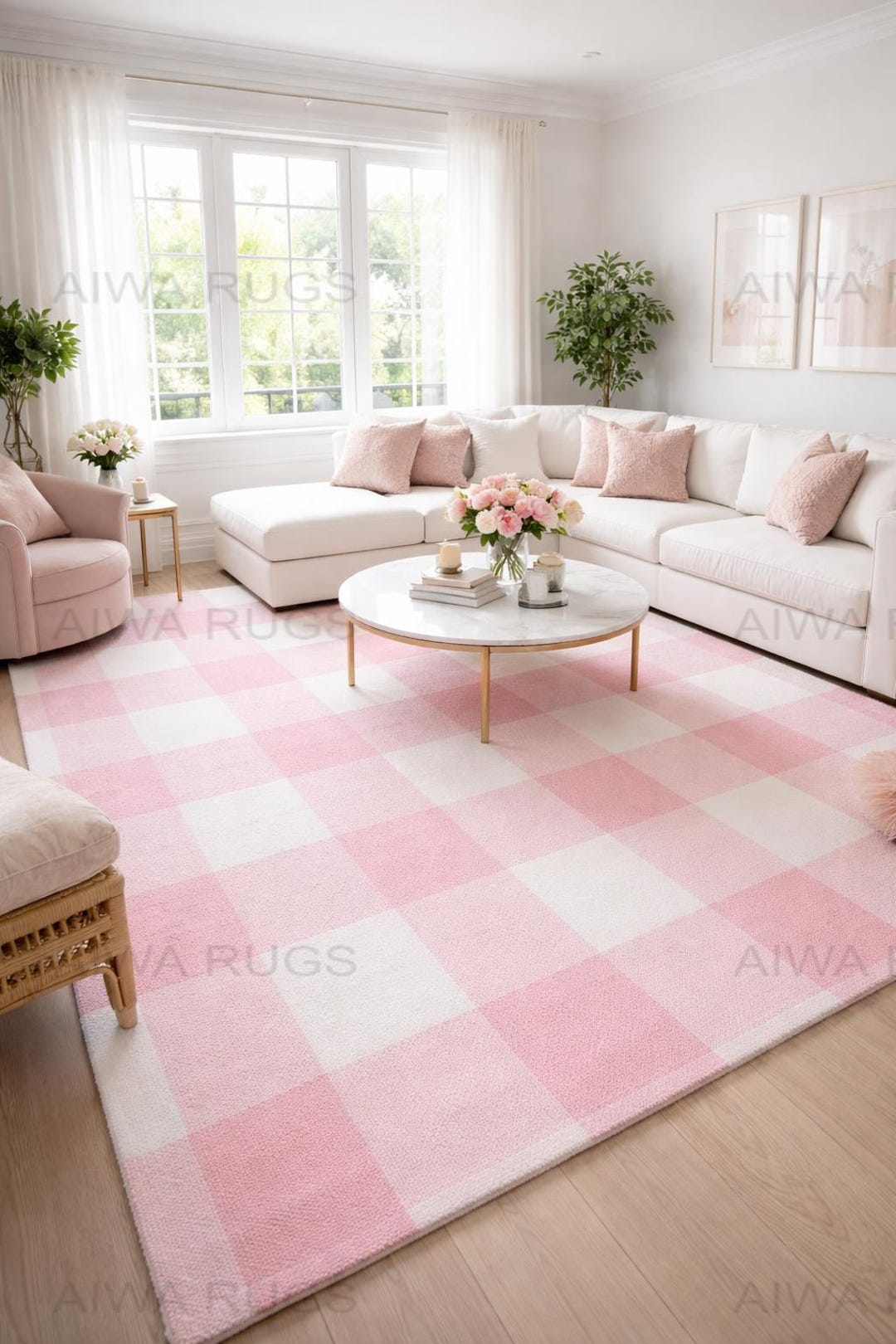 Pink Checkered Area Rug – Soft Pastel Gingham Rug for Living Room ...