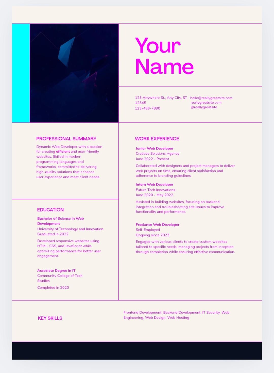 Modern Futuristic Resume Template | Web Developer CV | Editable Canva ...