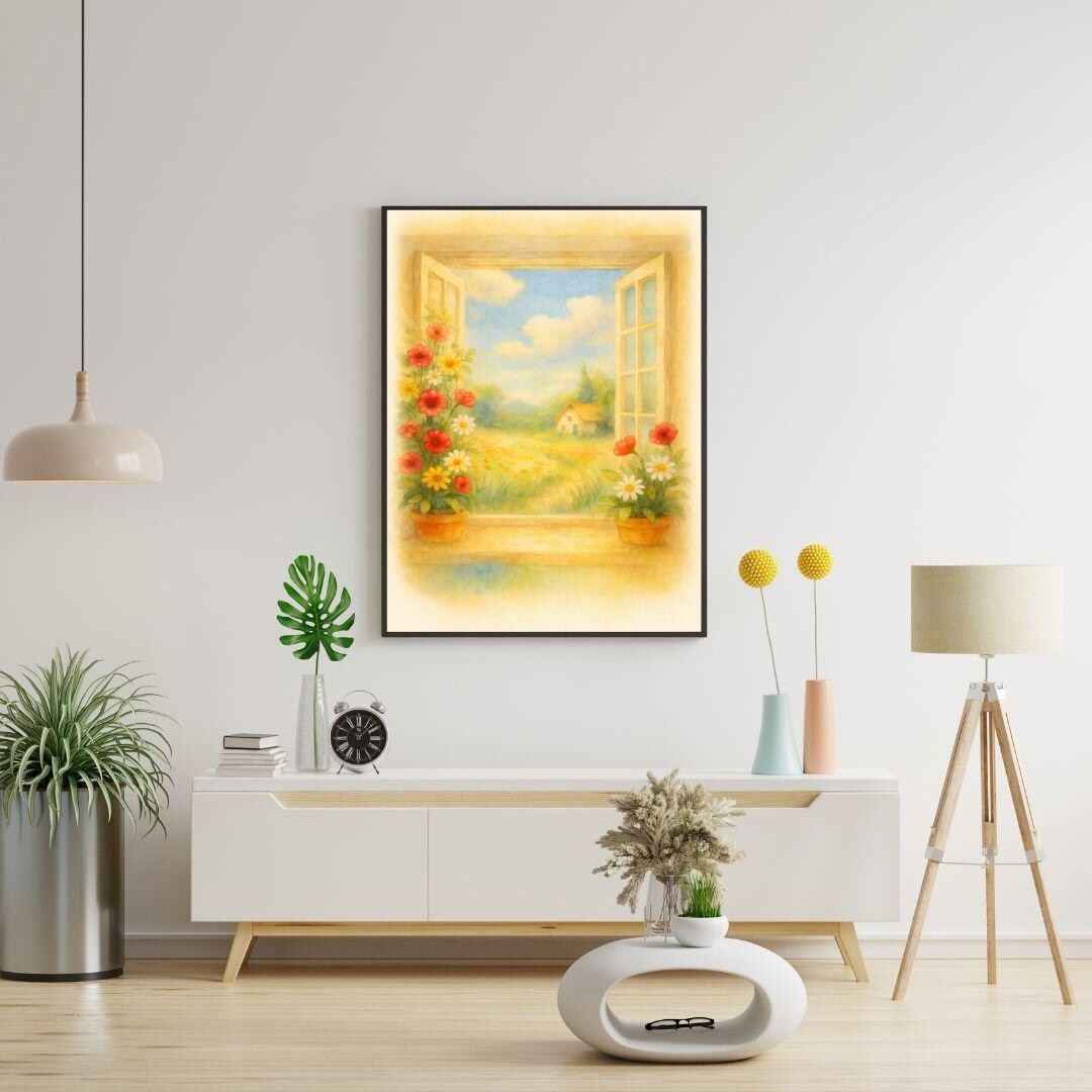 Cottagecore Window View Watercolor Print Set | Morning Garden (digital ...