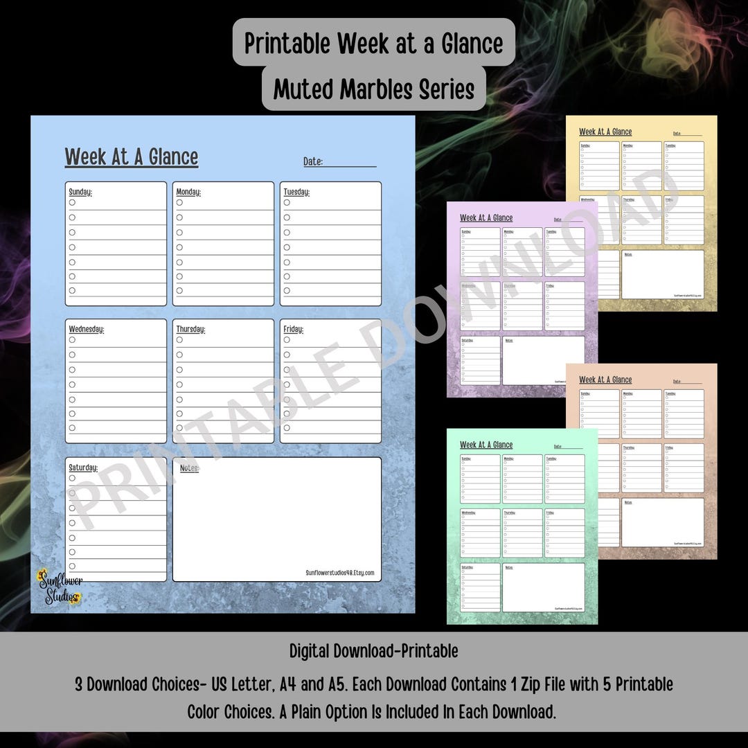 Week at a Glance Planner Page, Printable, Journal Instant Download-5 ...