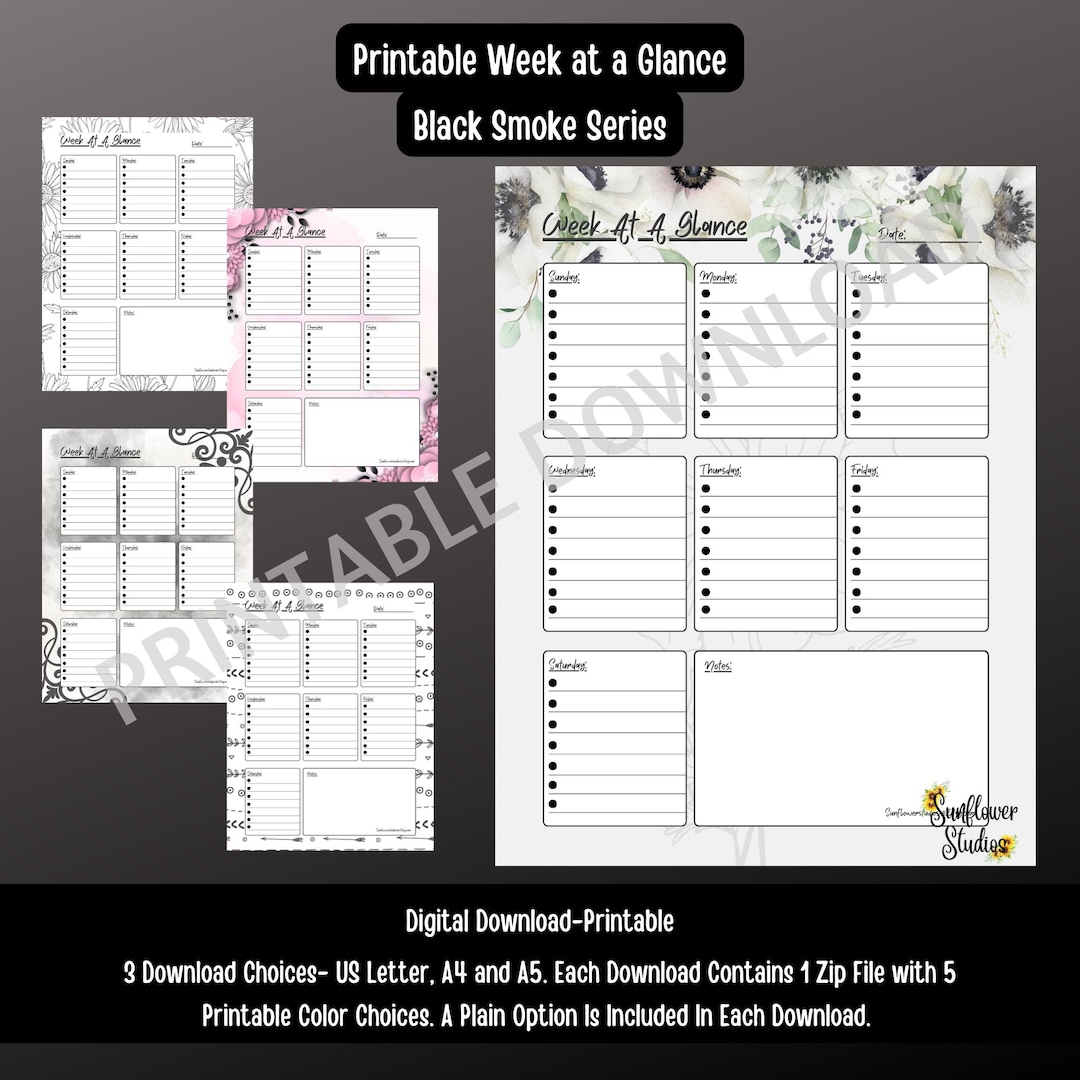Week at a Glance Planner Page, Printable, Journal Instant Download-5 ...