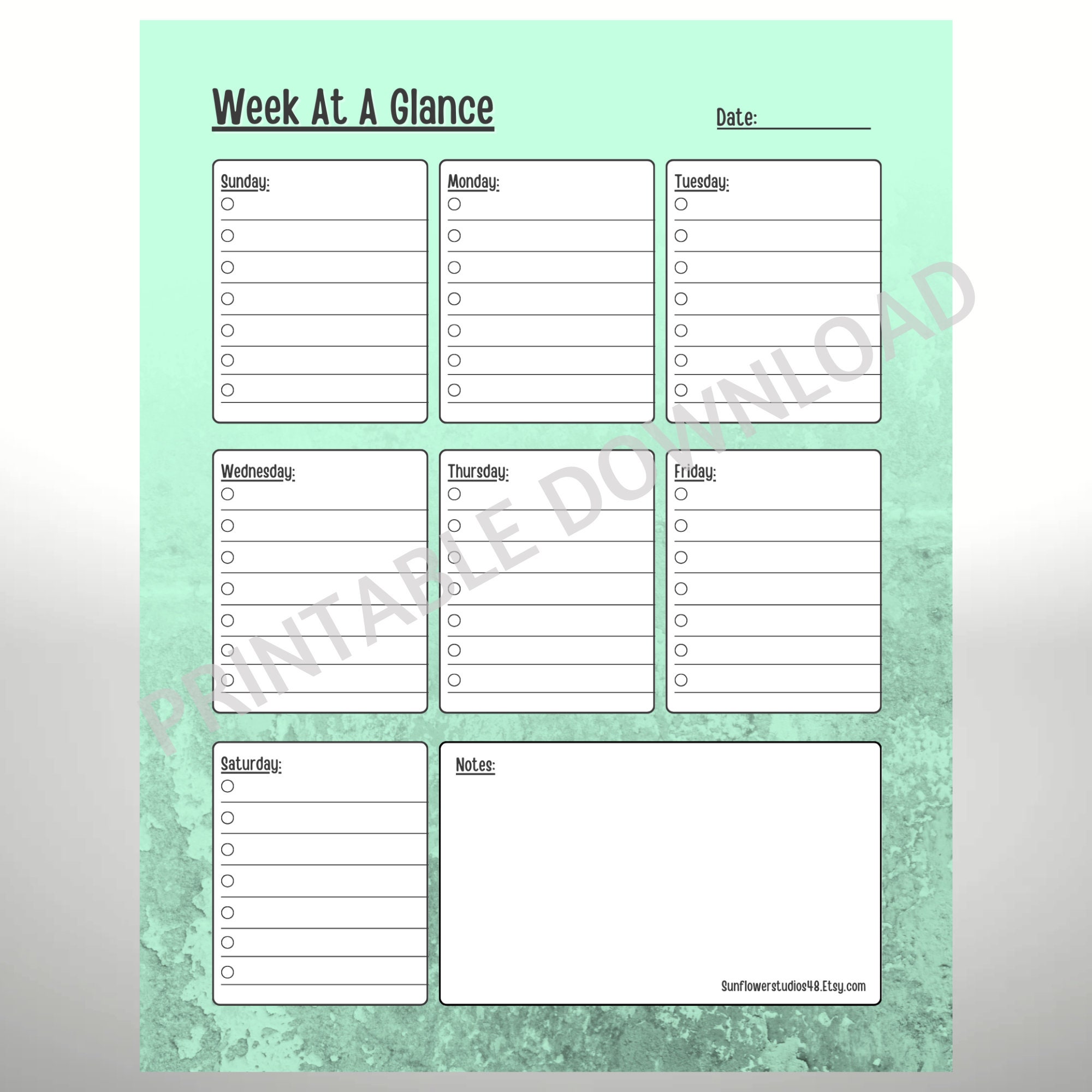 Week at a Glance Planner Page, Printable, Journal Instant Download-5 ...