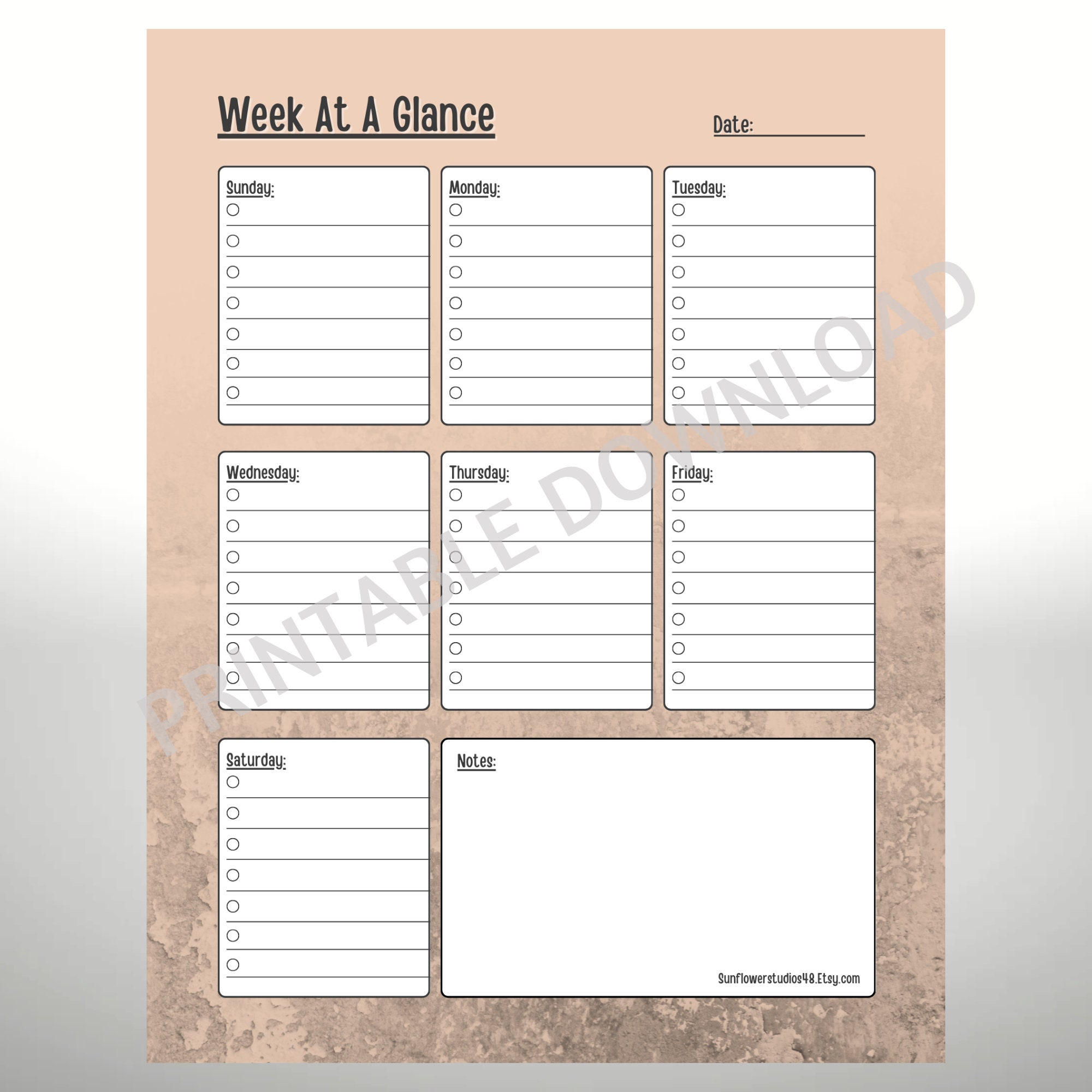 Week at a Glance Planner Page, Printable, Journal Instant Download-5 ...