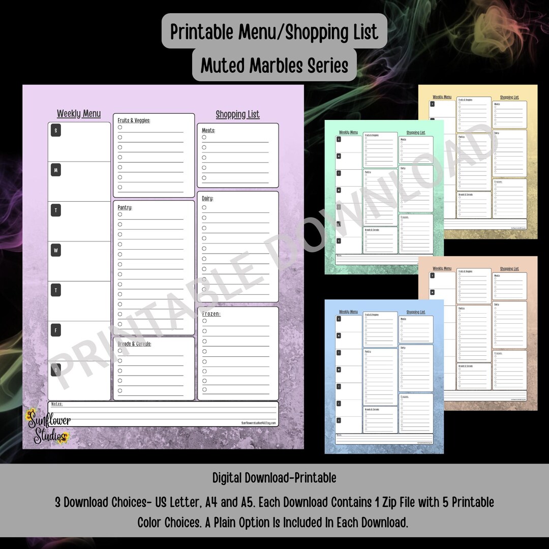 Weekly Menu/shopping List Planner Page, Journal,printable Instant ...