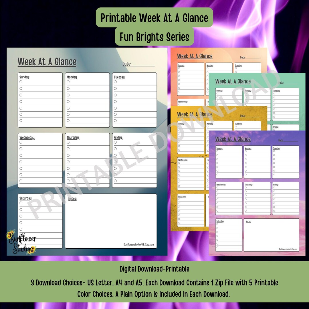 Week at a Glance Planner Page, Journal, Printable Instant Download-5 ...