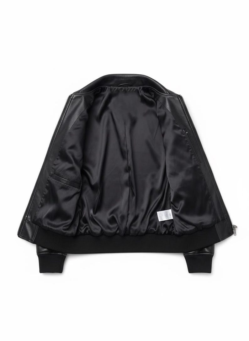 Handcrafted Genuine Sheepskin Black Leather Bomber Jacket – Ribbed Trim ...