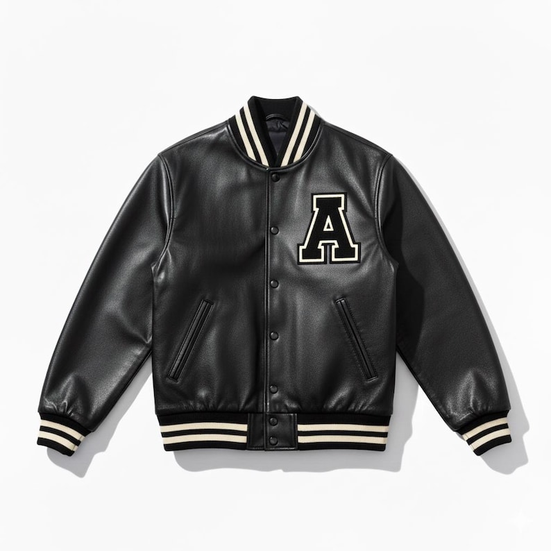 Handcrafted All-black Leather Varsity Jacket, Custom Letter A, Premium ...