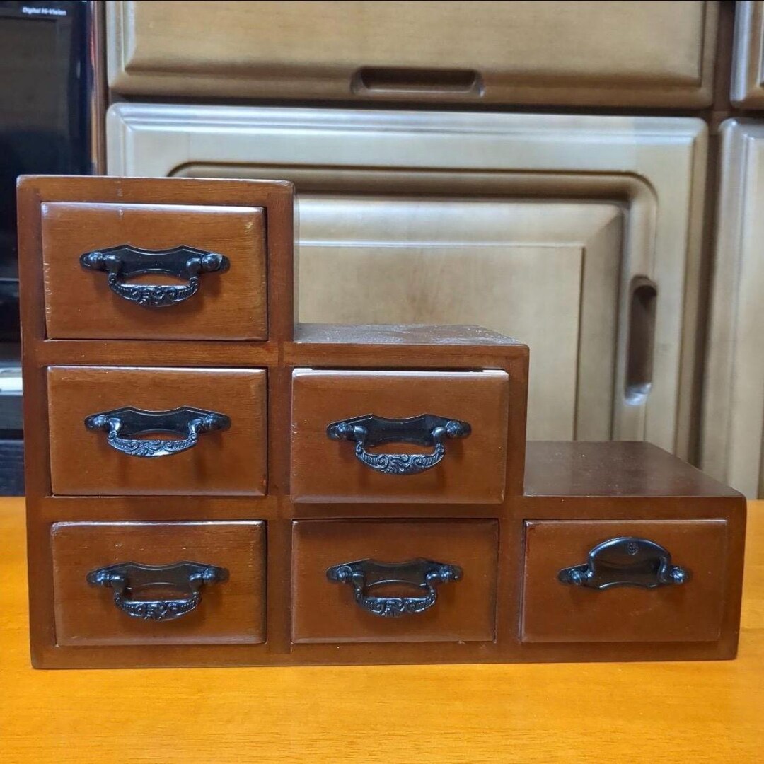 Japanese Wooden Step Drawer Chest Small Brown Tansu Style Organizer ...