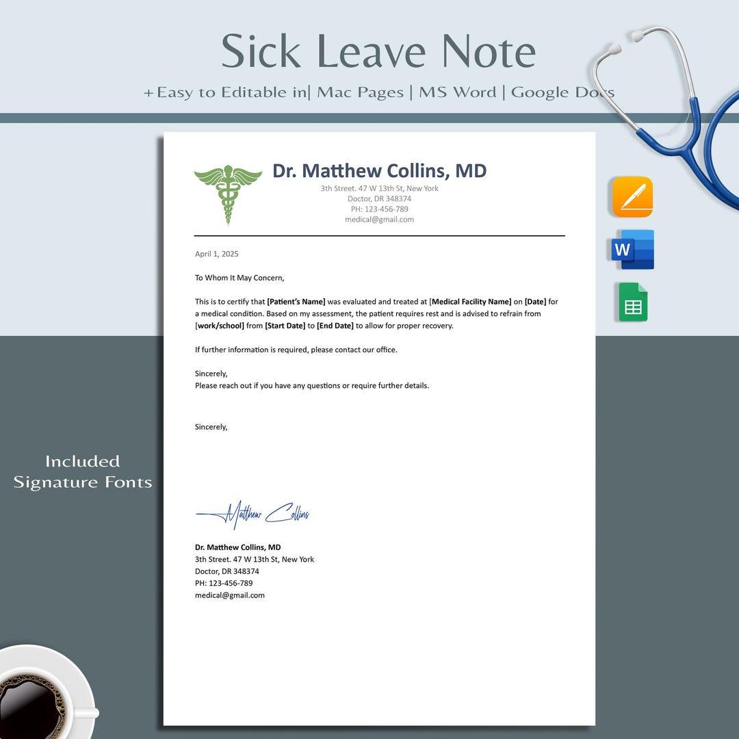 Editable Doctor Note Template, Printable Medical Excuse Note for Work ...