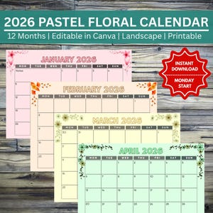 2026 Pastel Floral Calendar | Printable Landscape Template (digital ...