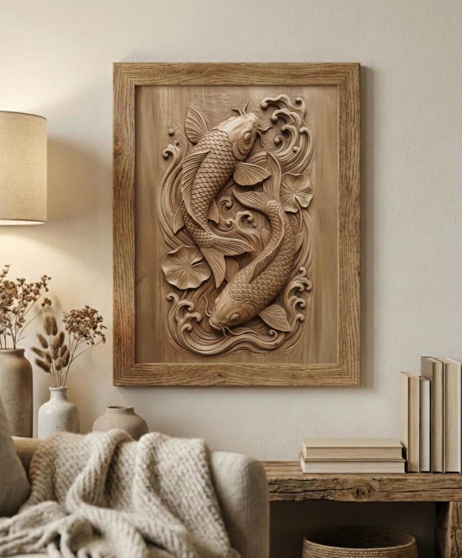 Koi Fish 3D Relief – STL File for CNC & 3D Printing. Wildlife Wall Art ...