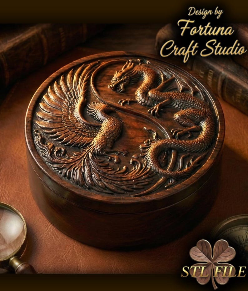 Dragon and Phoenix Round Trinket Box STL- 3D Printable Jewelry Case ...