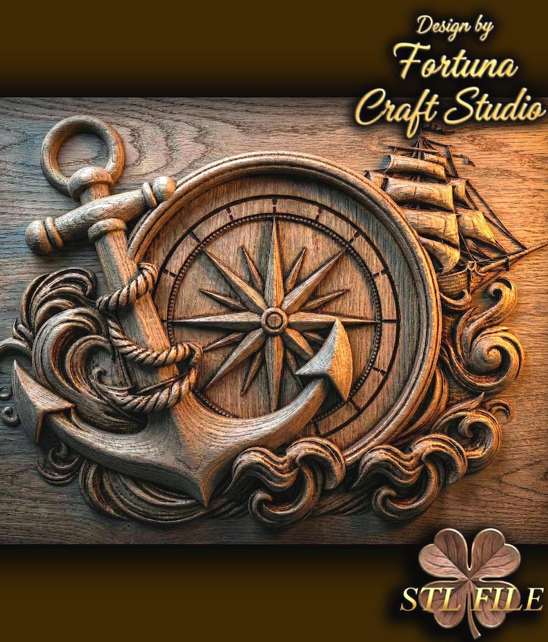 Anchor and Compass 3D Relief – STL File for CNC & 3D Printing. Ocean ...
