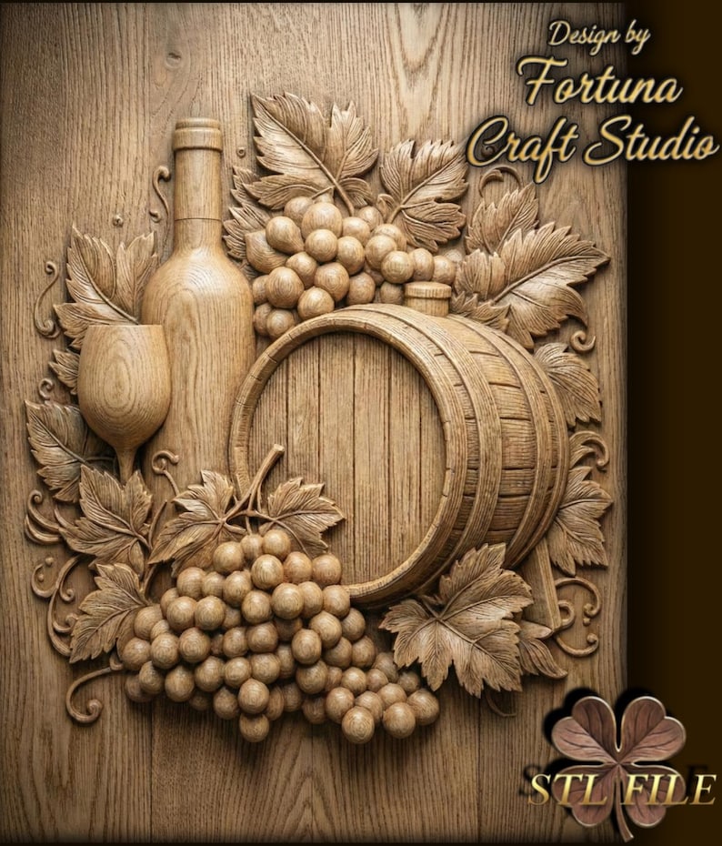 Wine Barrel and Grapes 3D Relief – STL File for CNC & 3D Printing ...