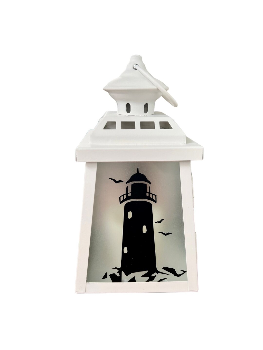 LIGHTHOUSES Silhouette LED White Metal Lantern, Frosted Glass, Nautical Lantern, Seaside Lantern ...