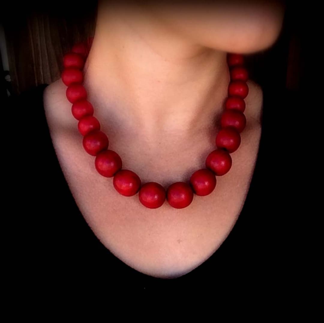 Women's Red Wooden Bead Statement Necklace, Lightweight Chunky Holiday ...