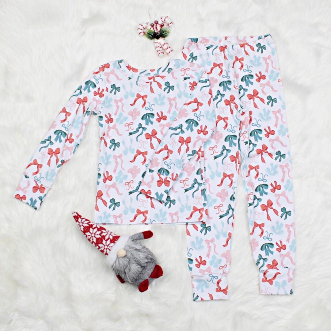 2 Piece Christmas Bow Outfit Set, Long Sleeve Shirt and Pants, Cotton ...
