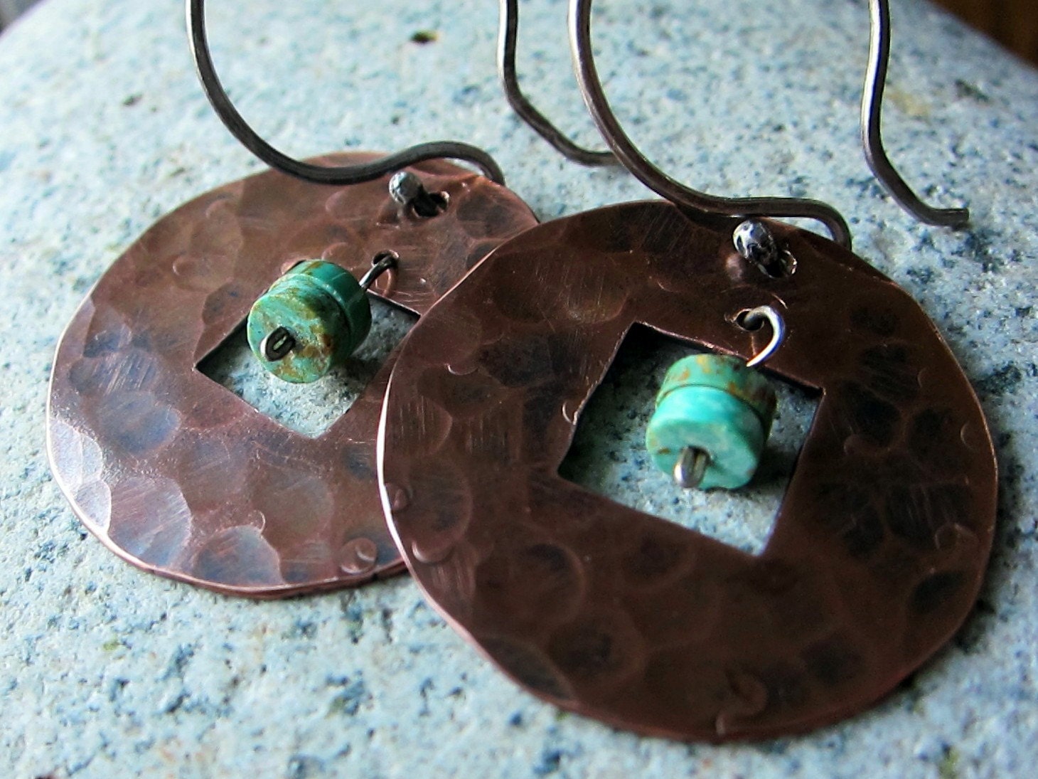 Rustic Copper Earrings With Turquoise Hammered Texture - Etsy