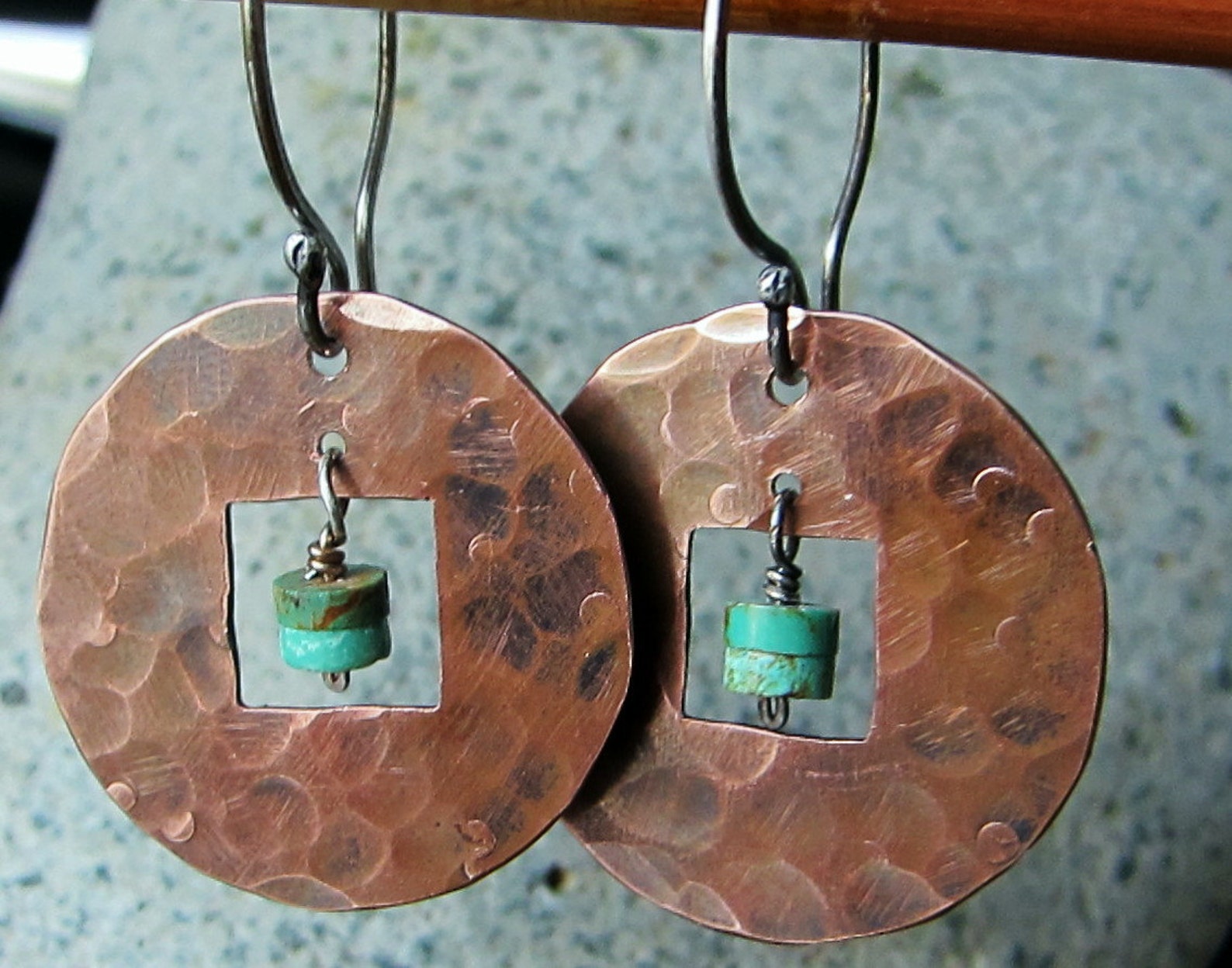 Rustic Copper Earrings With Turquoise Hammered Texture - Etsy
