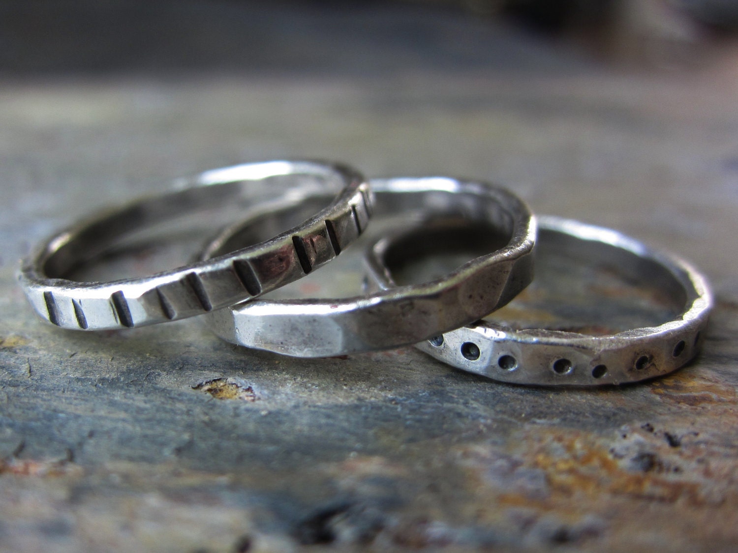 Textured Trio Silver Stacking Rings Handmade Fine Silver | Etsy