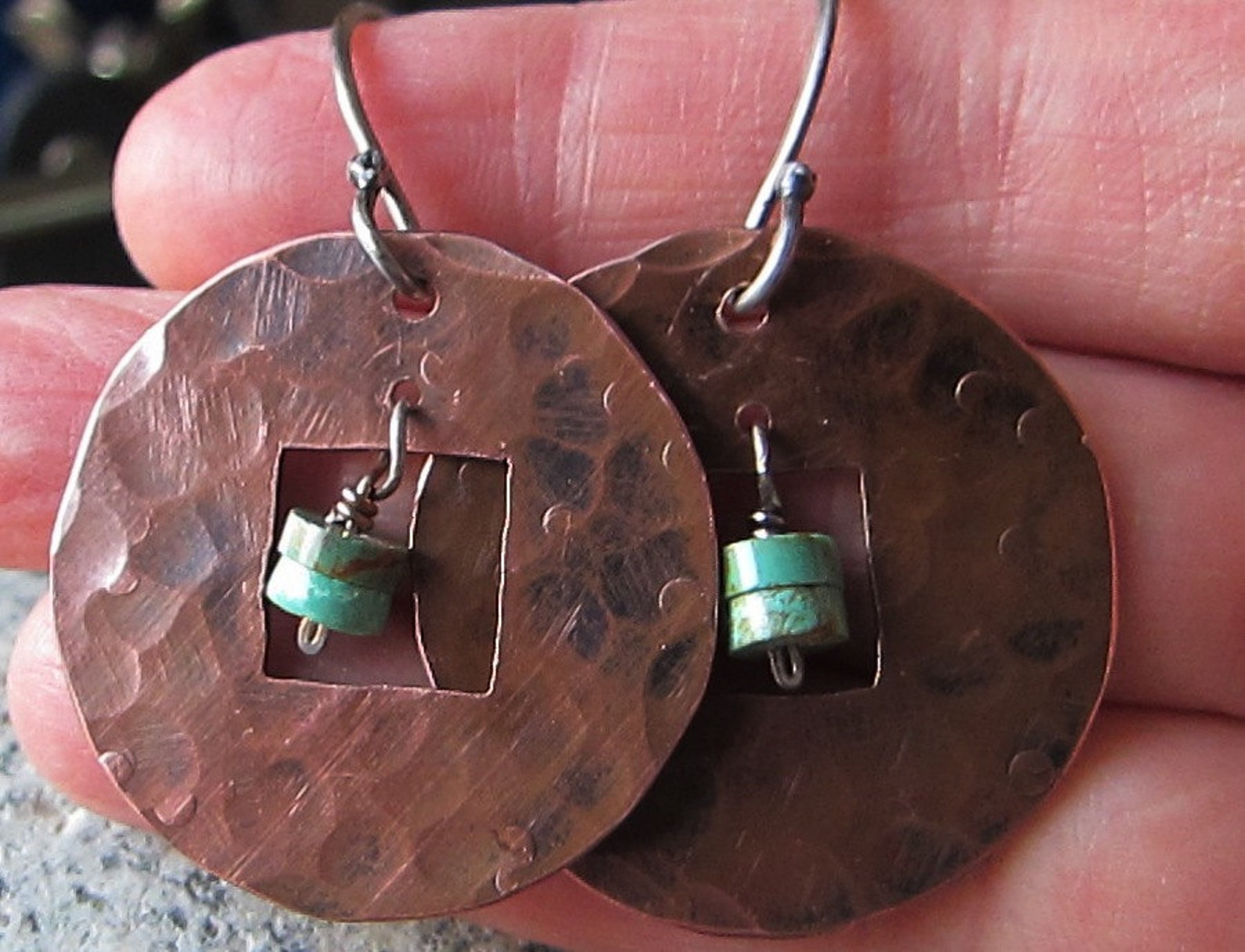 Rustic Copper Earrings With Turquoise Hammered Texture - Etsy