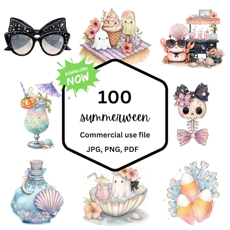 Summerween Clipart Bundle, Spooky Cute Summer PNG, Beach Goth Clipart ...