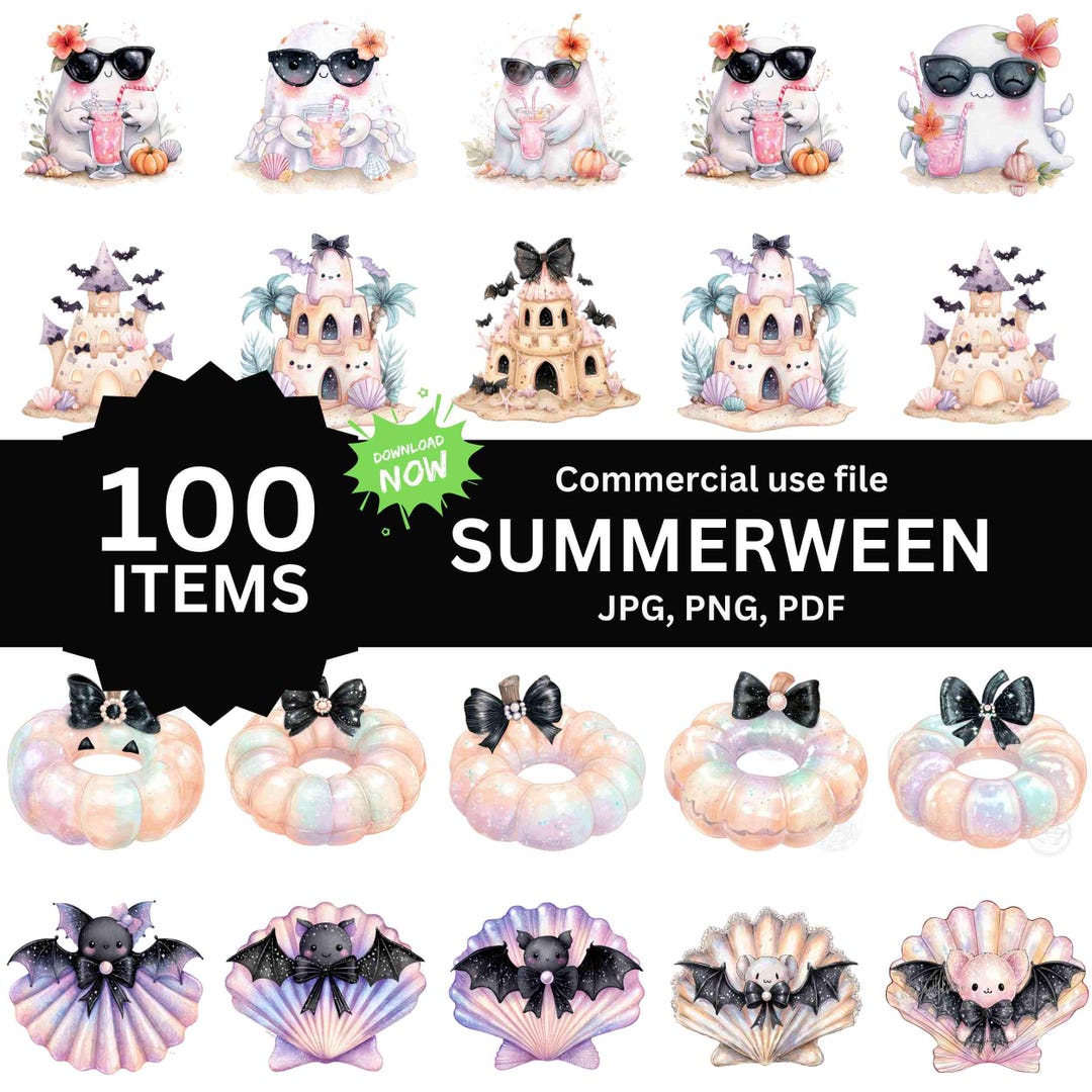 Summerween Clipart Bundle, Spooky Cute Summer PNG, Beach Goth Clipart ...