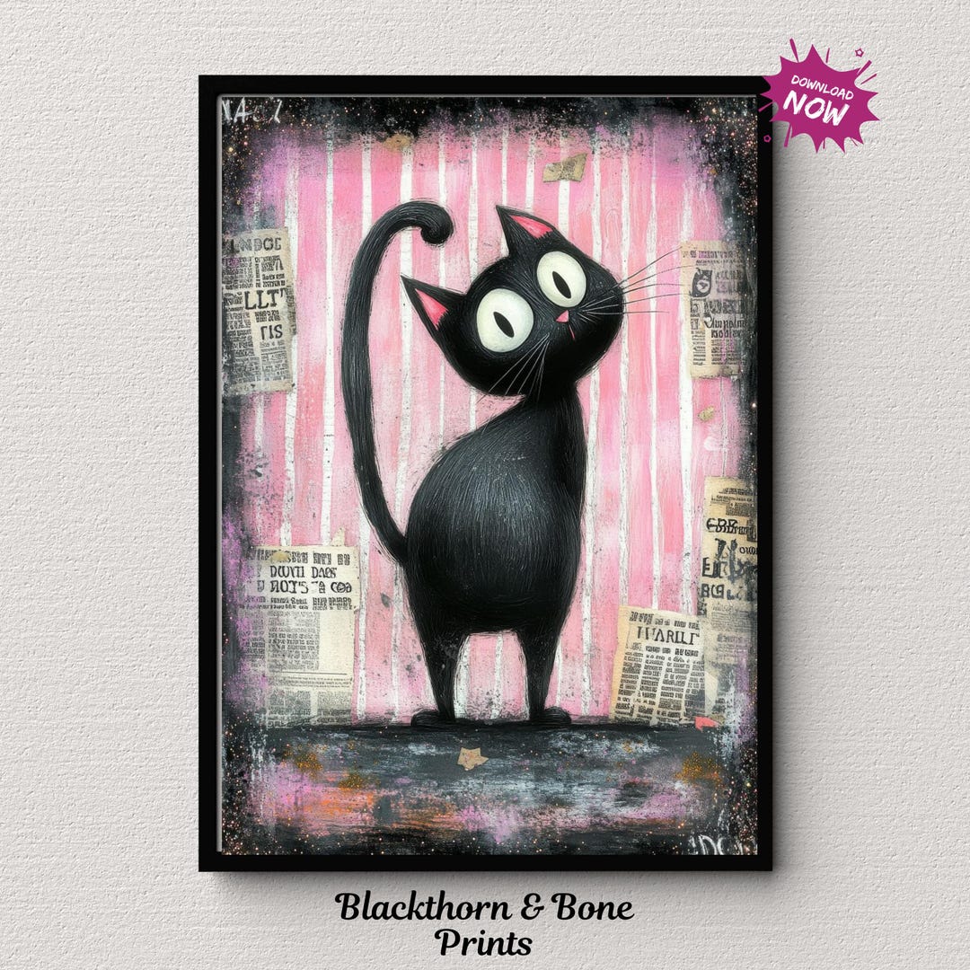 Whimsigoth Black Cat Wall Art Printable, Quirky Gothic Decor, Pink ...