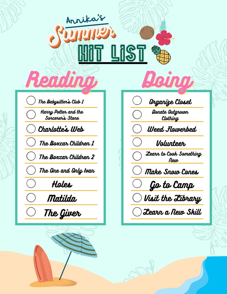 Summer Hit List for Kids: Reading & Goals Printable (digital Download ...