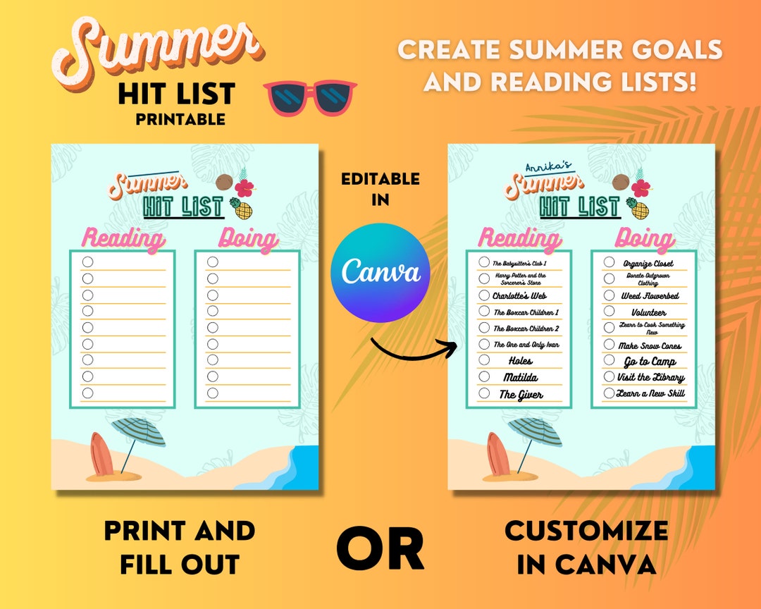 Summer Hit List for Kids: Reading & Goals Printable (digital Download ...