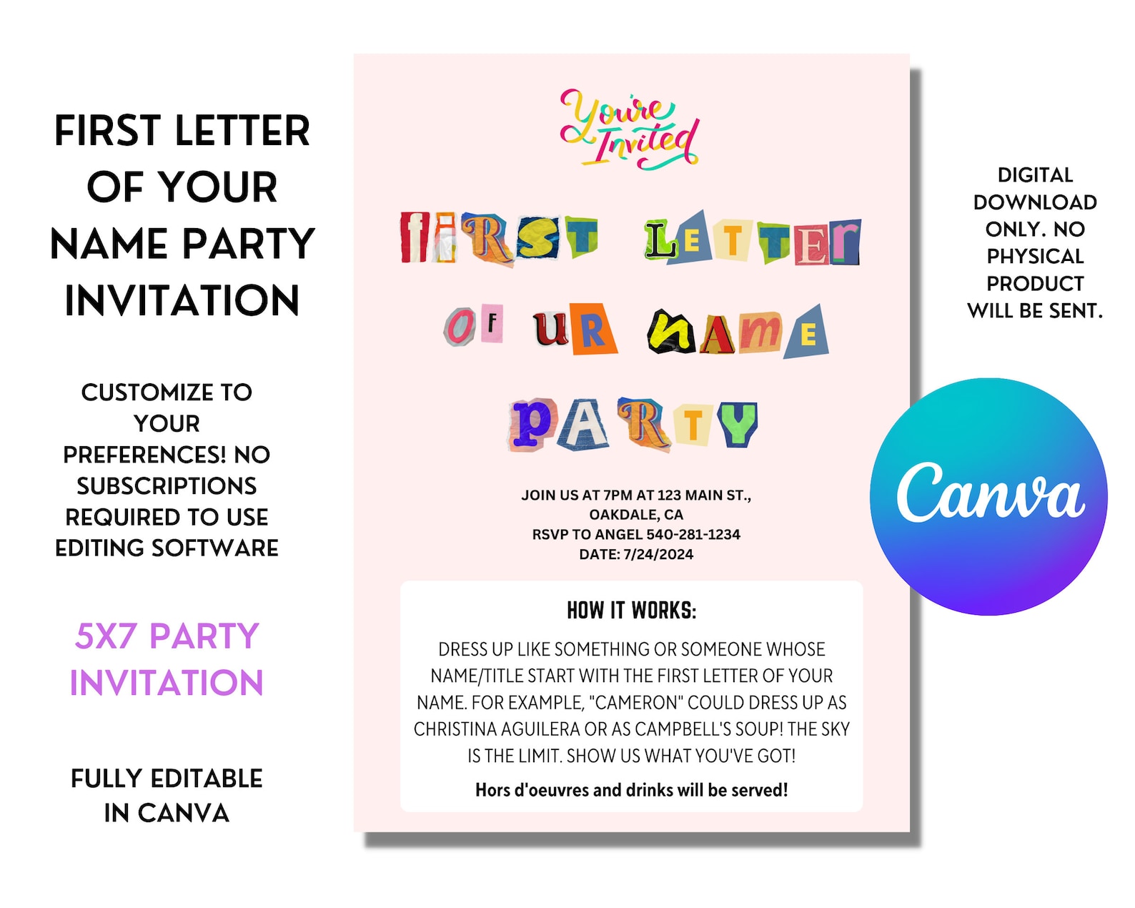 First Letter of Your Name Party Invitation | Fully Editable in Canva - Etsy