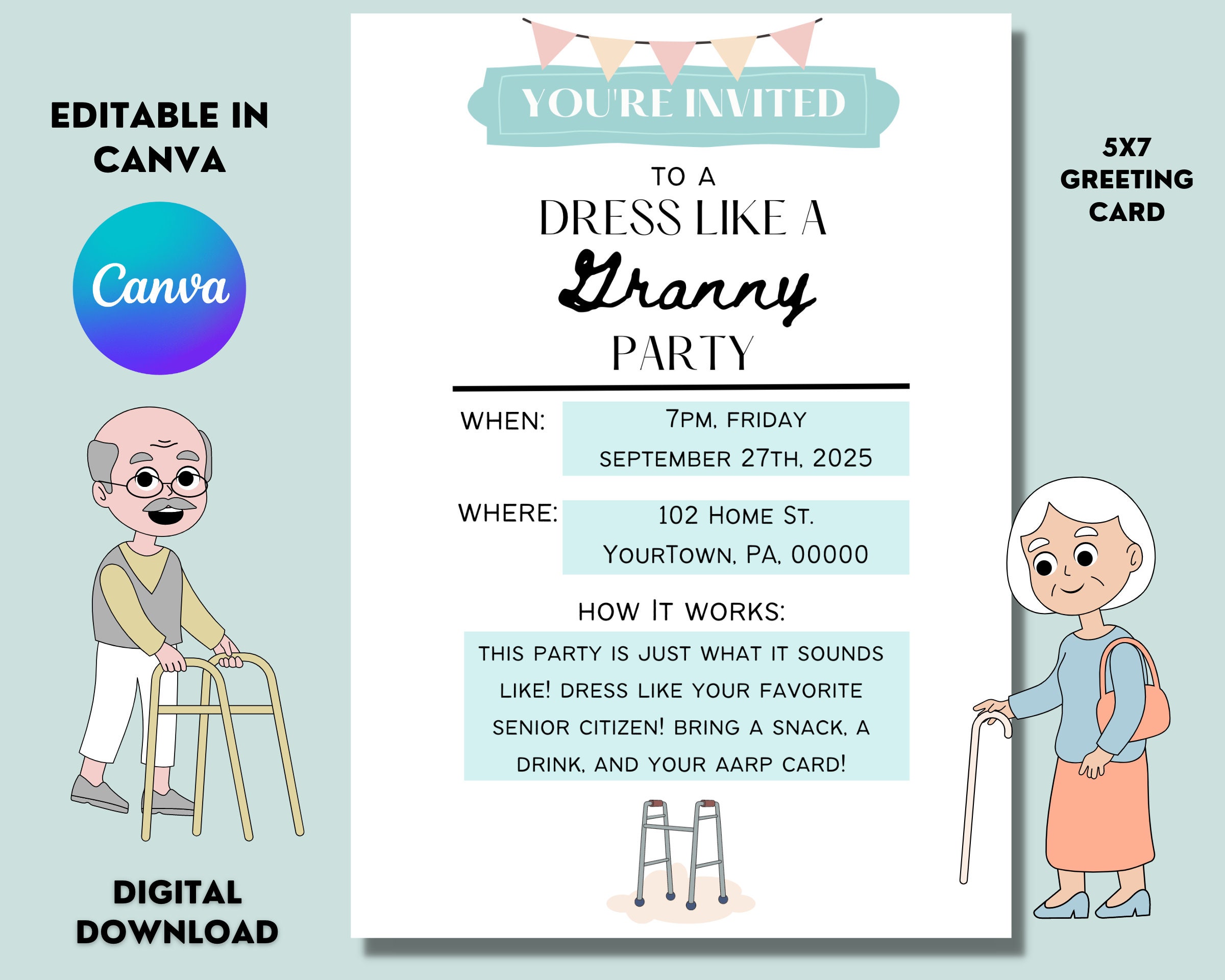 Dress Like A Granny Party Invitation | Canva Template | Printable ...