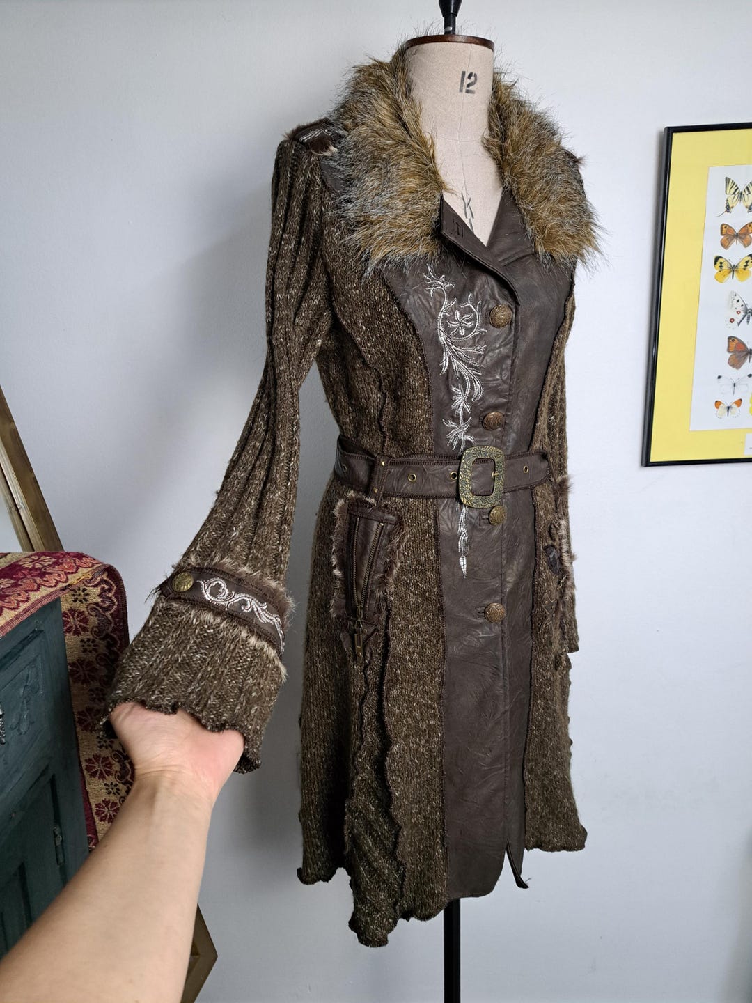 Juju & Christine Long Knitted Cardigan With Faux Leather and Fur Trim ...