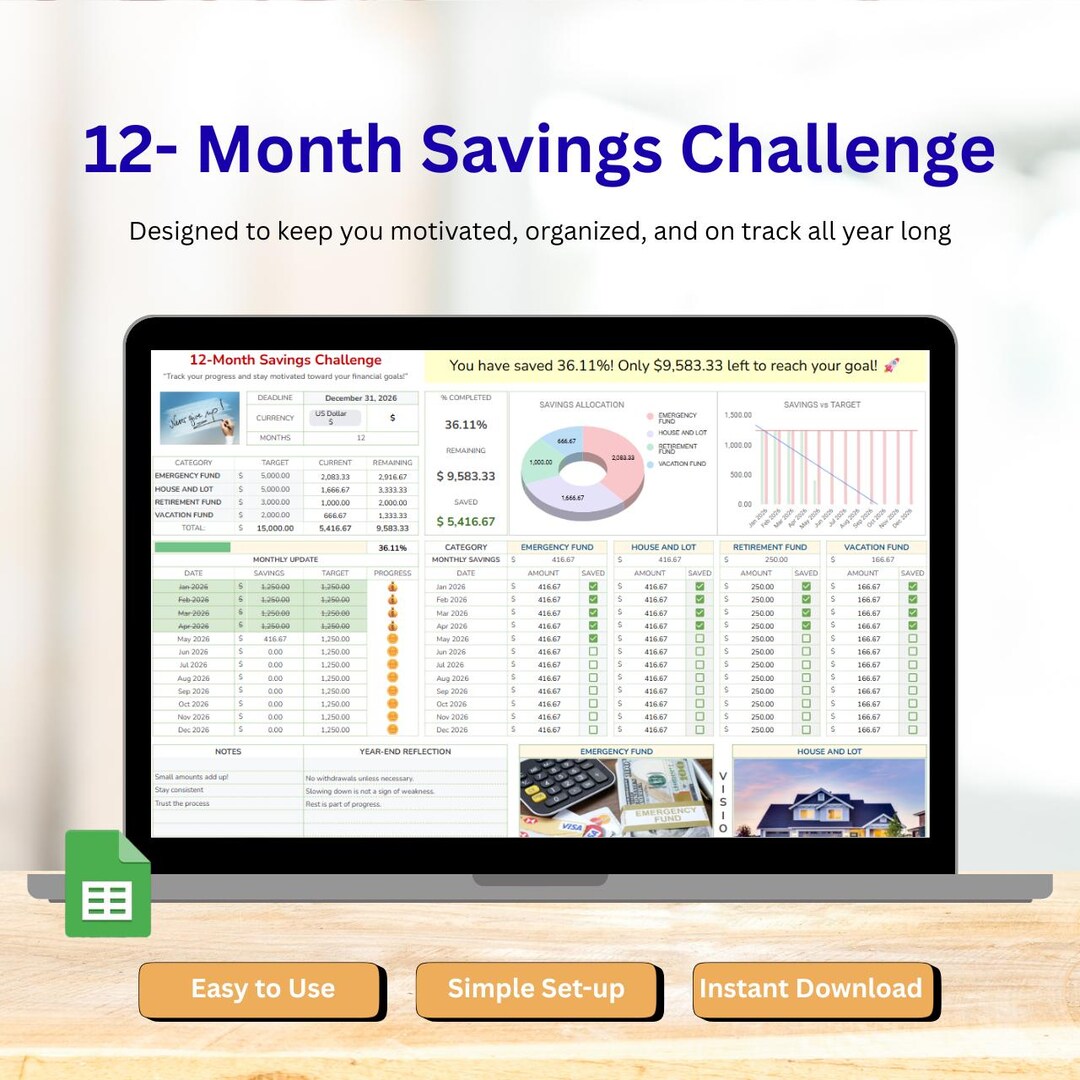 12-Monats-Spar-Challenge 2026 | Digitaler Spreadsheet Ersparnistracker ...