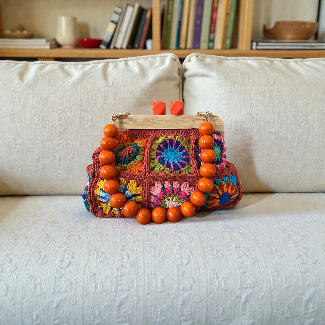 Handmade Granny Square Crochet Kiss Lock Boho Bag With Wooden Clasp ...