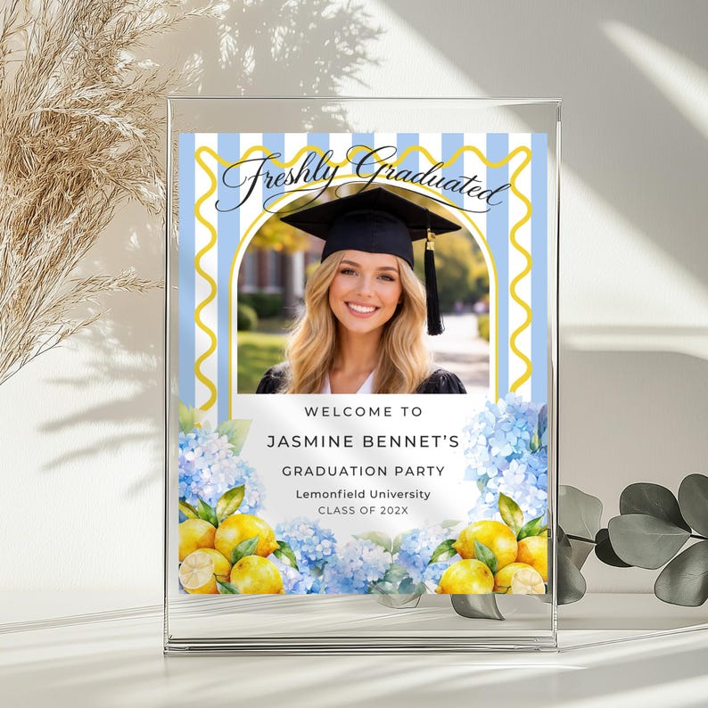She's Freshly Graduated Party Welcome Sign, Blue & Gold Lemon Citrus ...