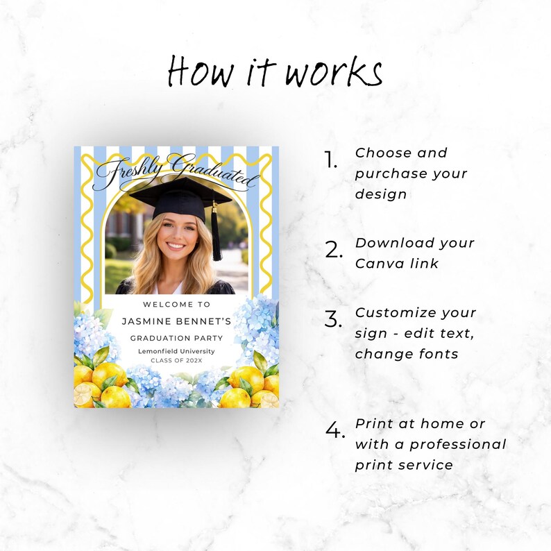 She's Freshly Graduated Party Welcome Sign, Blue & Gold Lemon Citrus ...