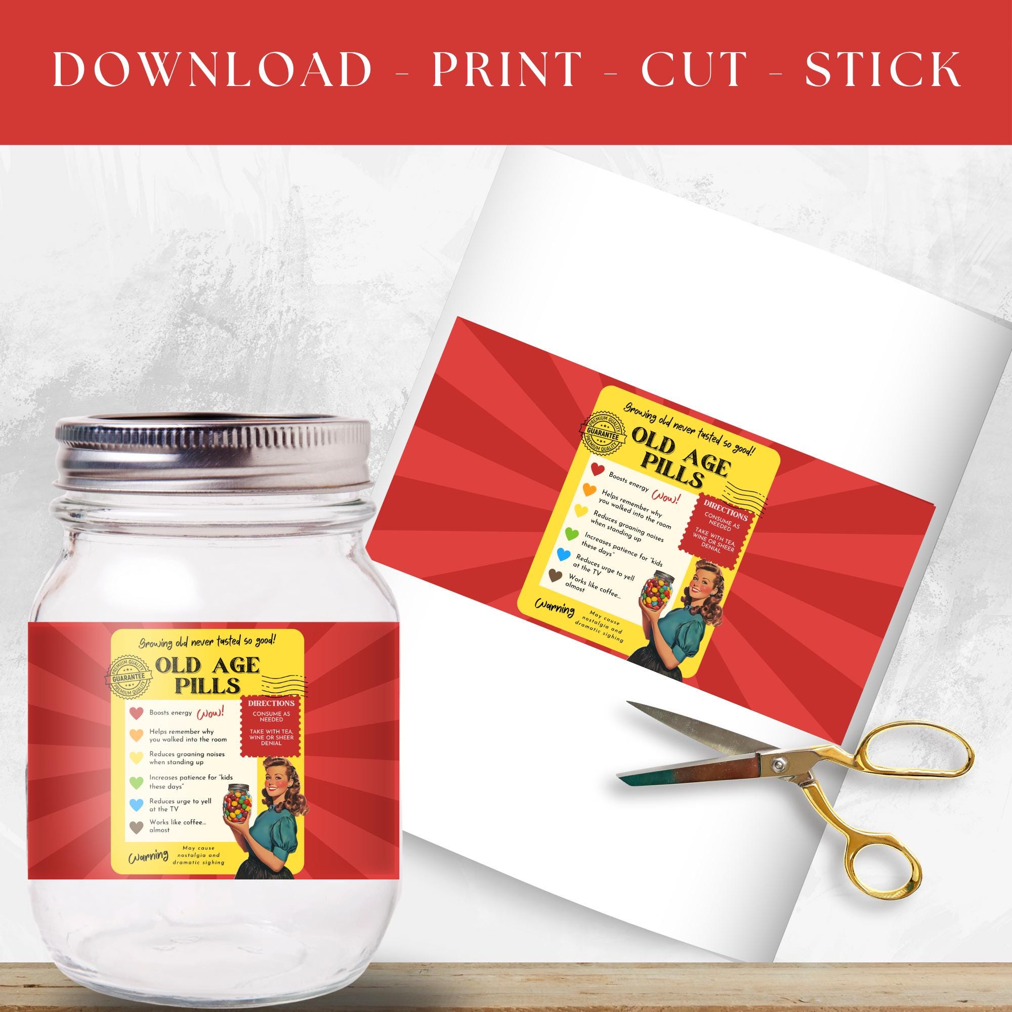Old Age Pills Printable Candy Jar Label, Funny Joke Sticker - Senior ...