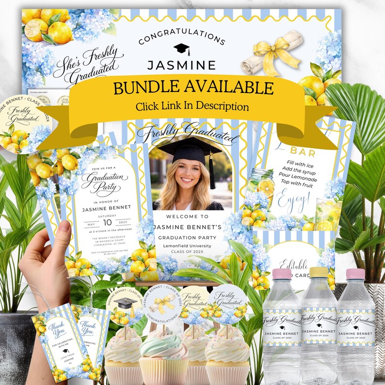 She's Freshly Graduated Party Welcome Sign, Blue & Gold Lemon Citrus ...