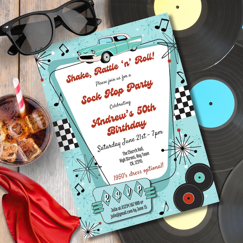1950s Retro Sock Hop Birthday Party Invitation Template, Retro Diner ...