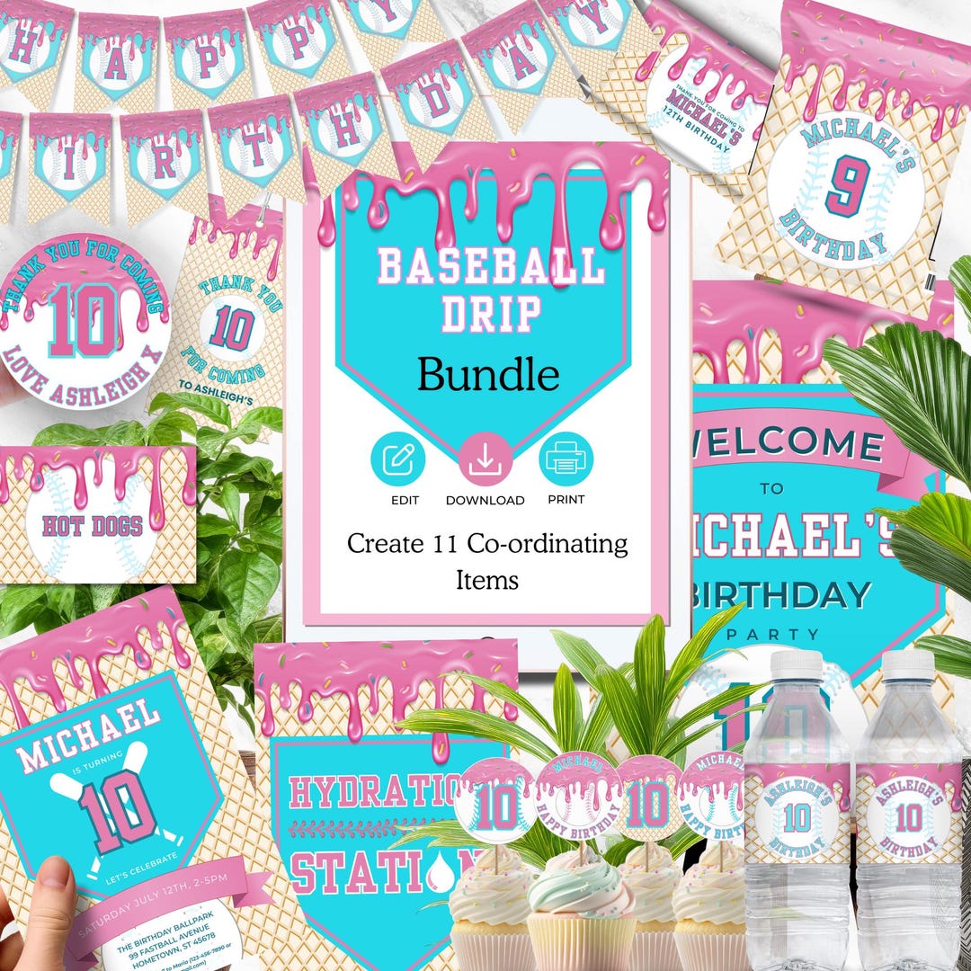 Baseball Drip Birthday Party Decorations Bundle, Customizable Printable ...